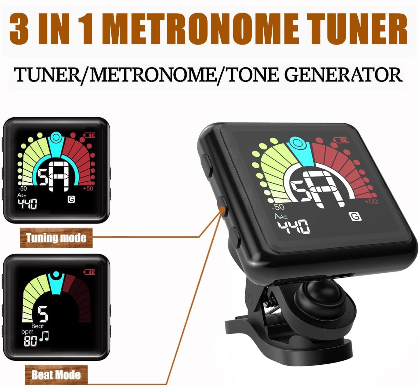 Guitar Tuner Clip on Rechargeable with Metronome Tone Generator for Guitar Bass Ukulele Violin Banjo Chromatic Wind Instrument, Metronome Tuner for All Instruments