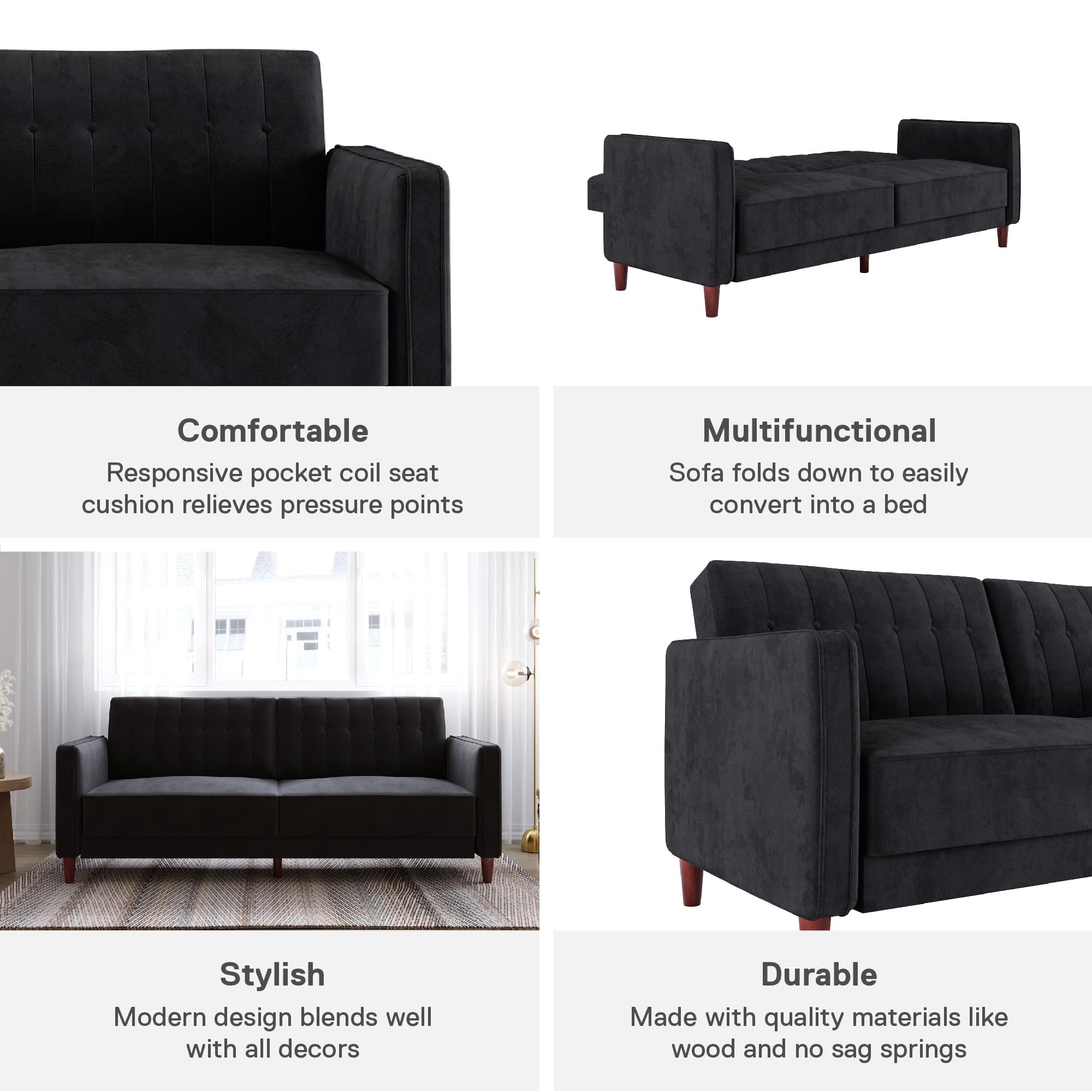 DHP Ivana 82 Inch Futon Sofa Bed in Velvet Fabric, Upholstered Couch Sleeper with Tufted Back, Mid-Century Modern, Black