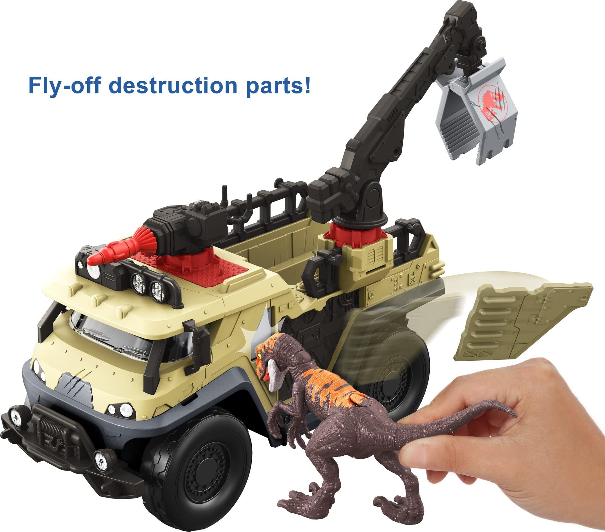Mattel Jurassic World Dominion Capture & Crush Truck & Dino Playset with Velociraptor Action Figure, Vehicle Features Tranq Shooter, Crane & 2 Breakaways