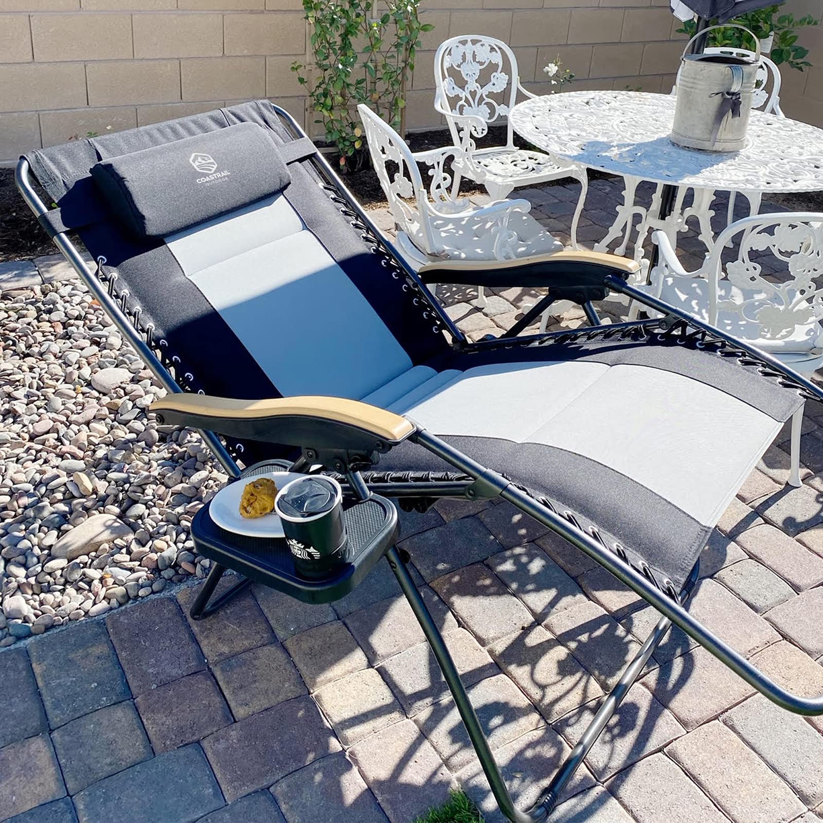 Coastrail Outdoor Zero Gravity Chair Oversized XXL 33.5" Patio Padded Reclining Lounger with Pillow, Side Table for Camping, Lawn, Garden Black/1pack