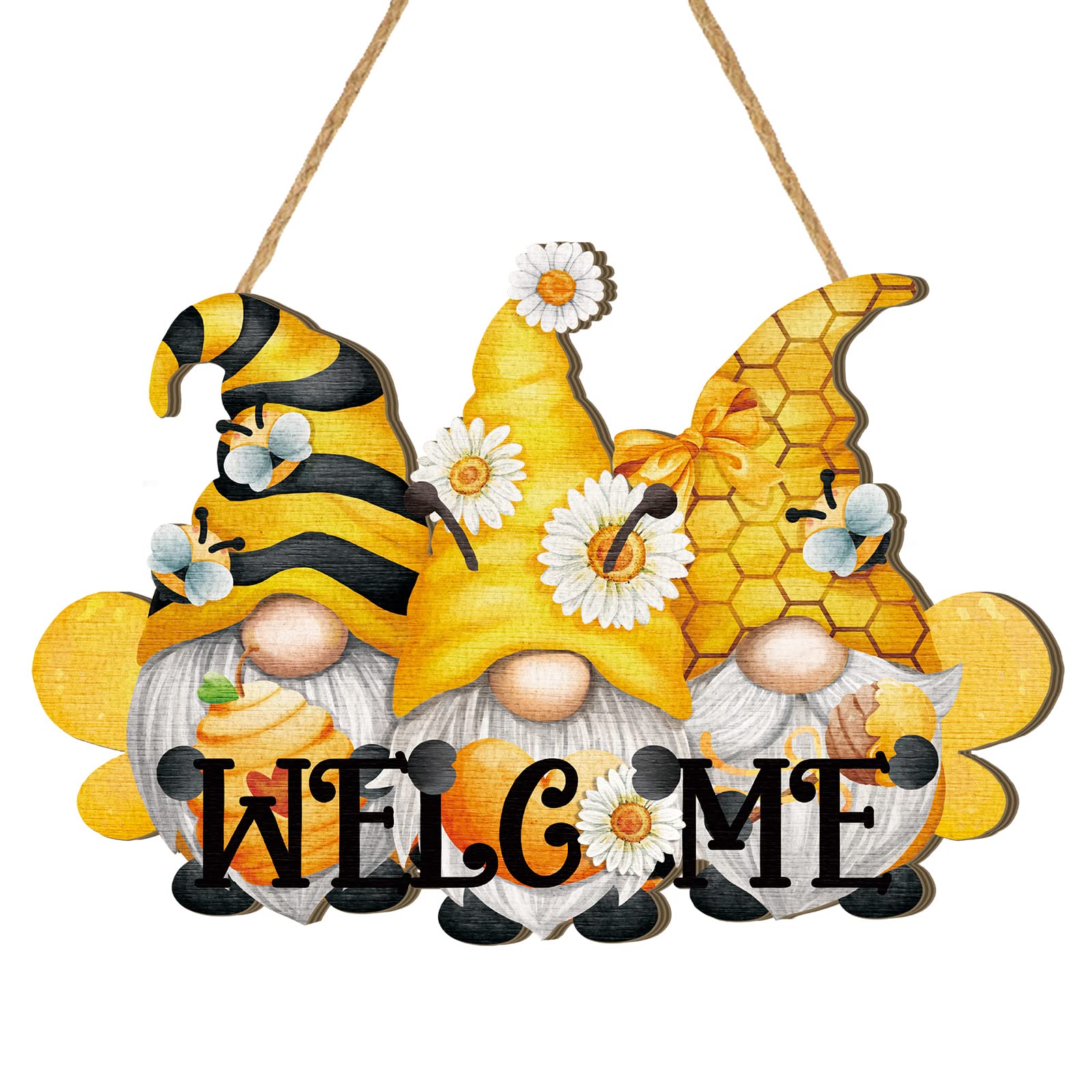 Bee Welcome Wood Door Hanger Wooden Gnome Sign Farmhouse Wall Porch Art Summer Front Door Wreath Hanging for Bedroom Living Room Indoor Outdoor Kitchen Home Decor