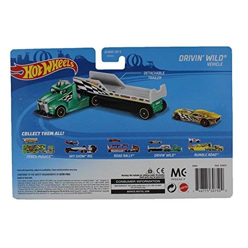 Hot Wheels City Rig - Drivin' Wild Semi and Trailer with Nitro Coupe - White Truck, Red Car - 1:64 scale vehicle