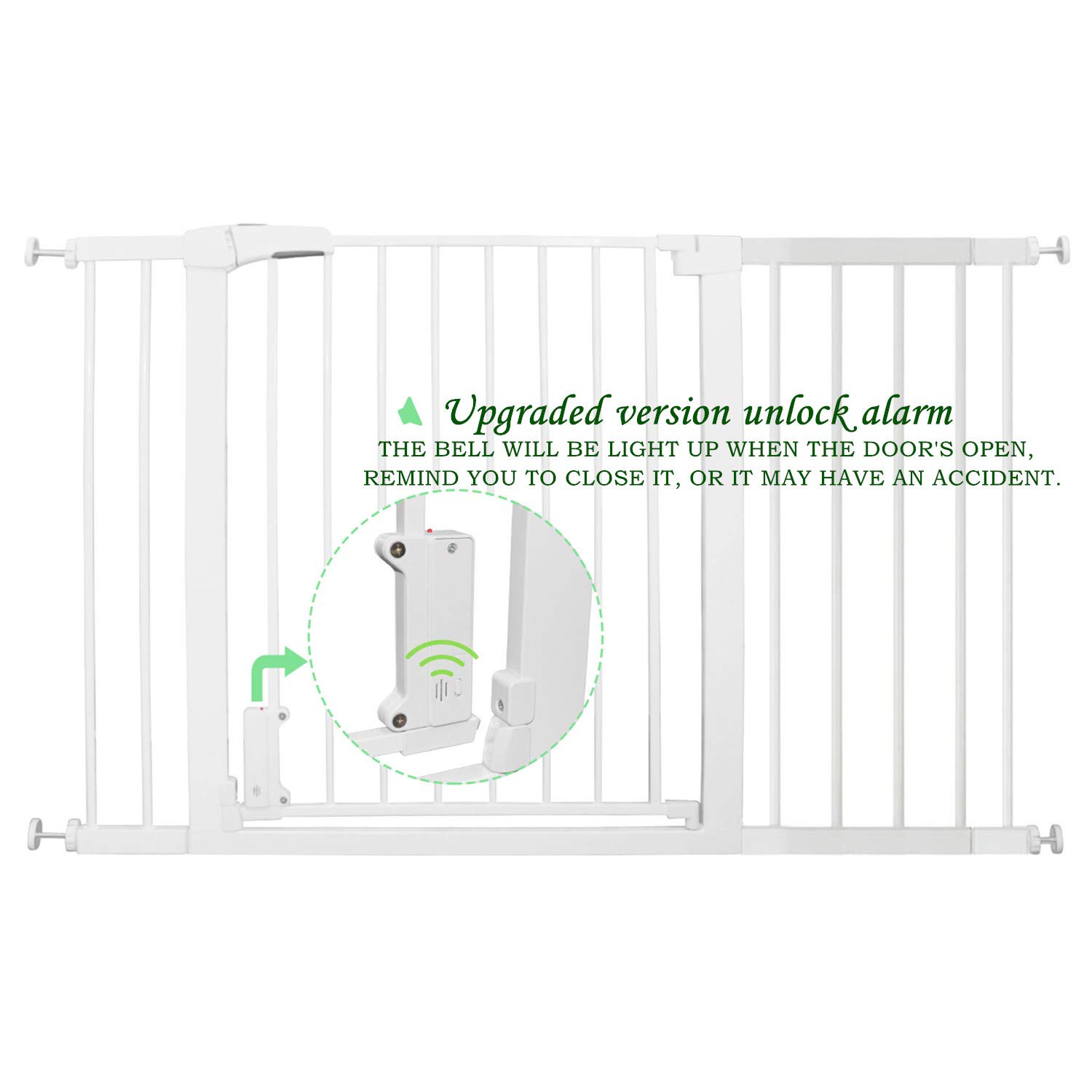 Auto Close Door Gate with Alarm 29.5" to 51.6" Extra Wide Walk Thru Baby Gate No Drilling, White