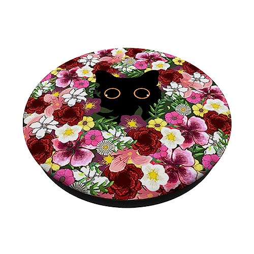 Black Cat Eyes In Flowers Cute Floral Scary Animal Lover PopSockets Swappable PopGrip