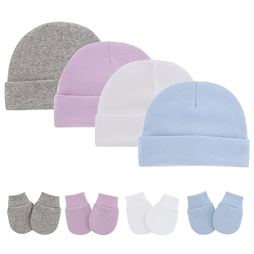 Baby Caps Mittens Newborn Sleeping Hat and Gloves Beanie Infant Hats with Bow Baby Scratch Mitten Gloves for Boys Girls, 4 Sets, Type 2