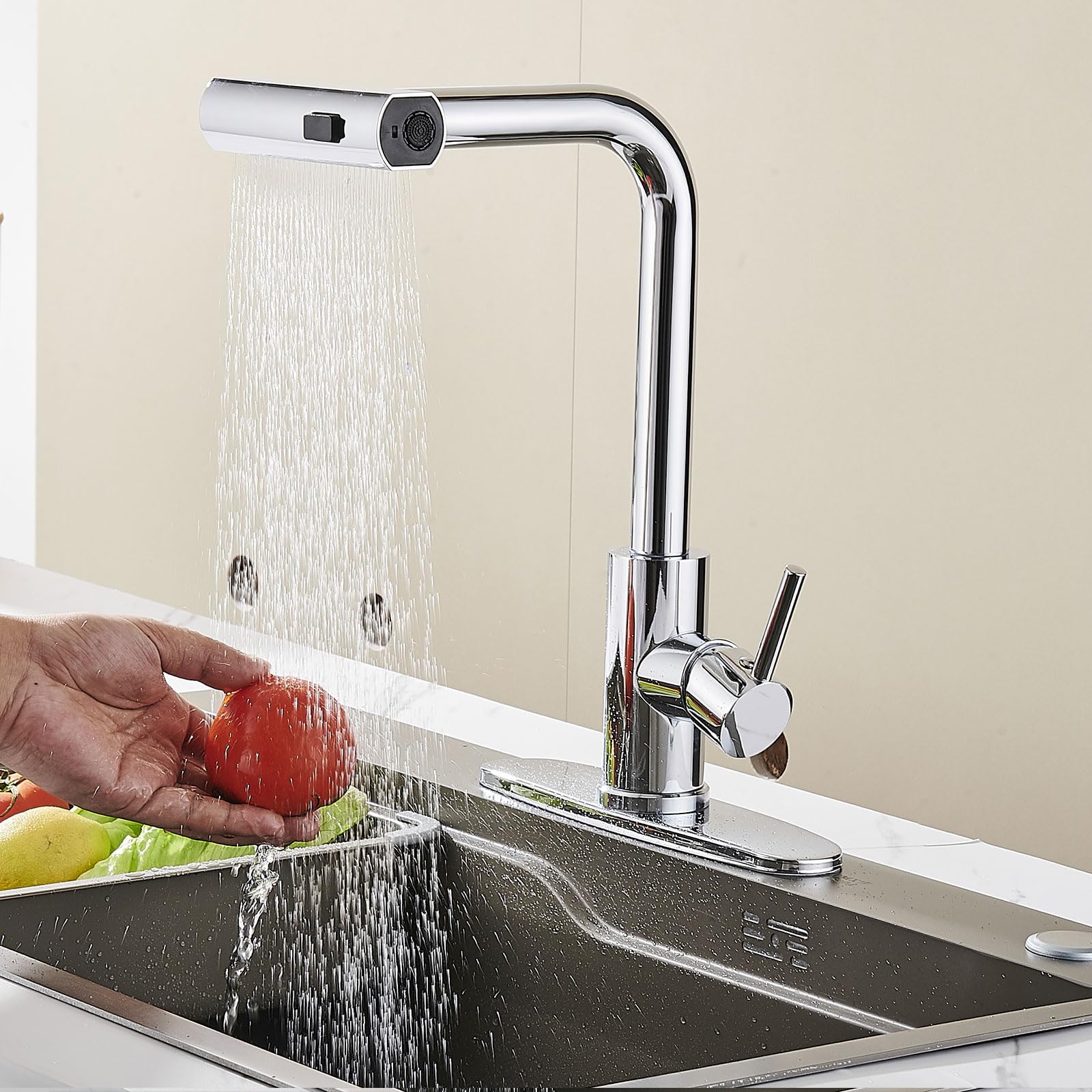 AVSIILE Kitchen Faucet with Pull Down Sprayer, Chrome Waterfall Touch Single Hole Stainless Steel Kitchen Sink Faucets, Commercial Modern Single Handle Faucets for Kitchen Sinks with Pull-down Sprayer