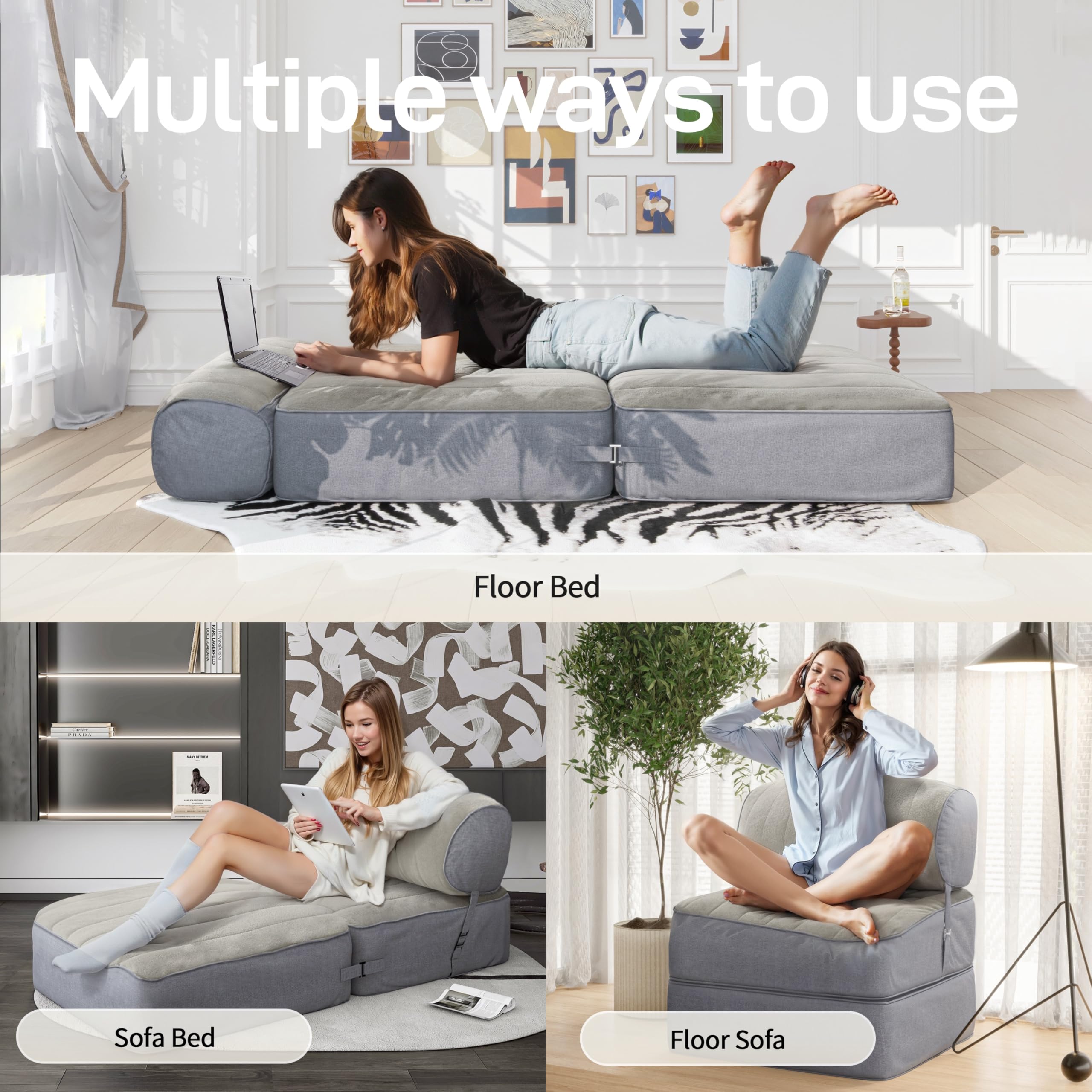 Daneey Convertible Folding Sofa Bed, Folding Chair Bed, Convertible Chair Bed Sleeper and Fold Out Couch, Foam Floor Sofa Couch Bed, Futon Sofa Bed for Bedroom/Living Room/Dorm, Gray