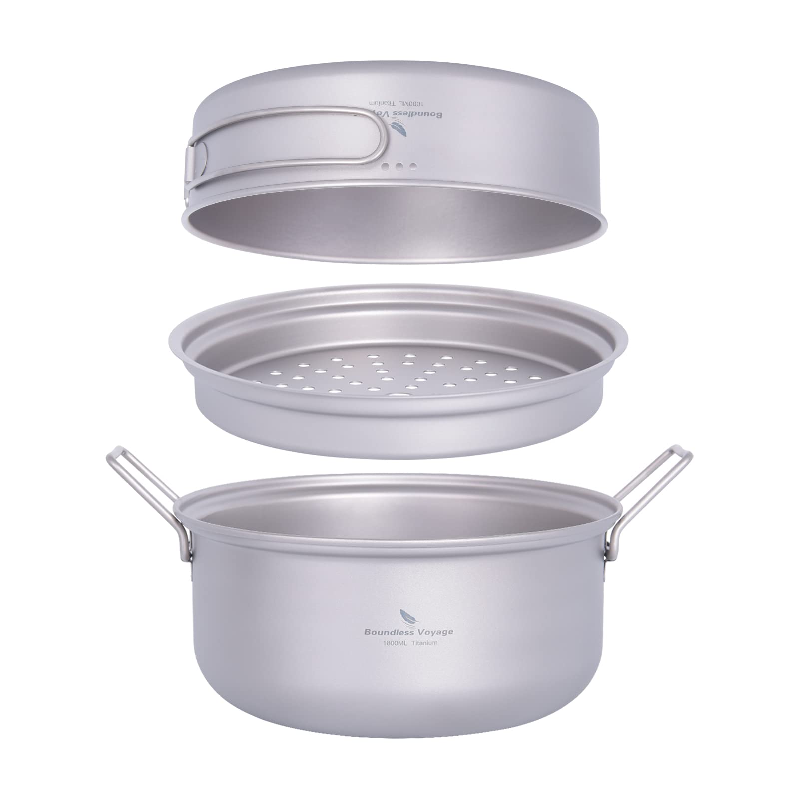 iBasingo 1.8L Titanium Steamer Stockpot Frying Pan Set Ultralight Outdoor Camping Pot Pan Set Portable Campfire Soup Hot Pot Cookware Backpacking Household Kitchen Cooking Kit Ti2101C