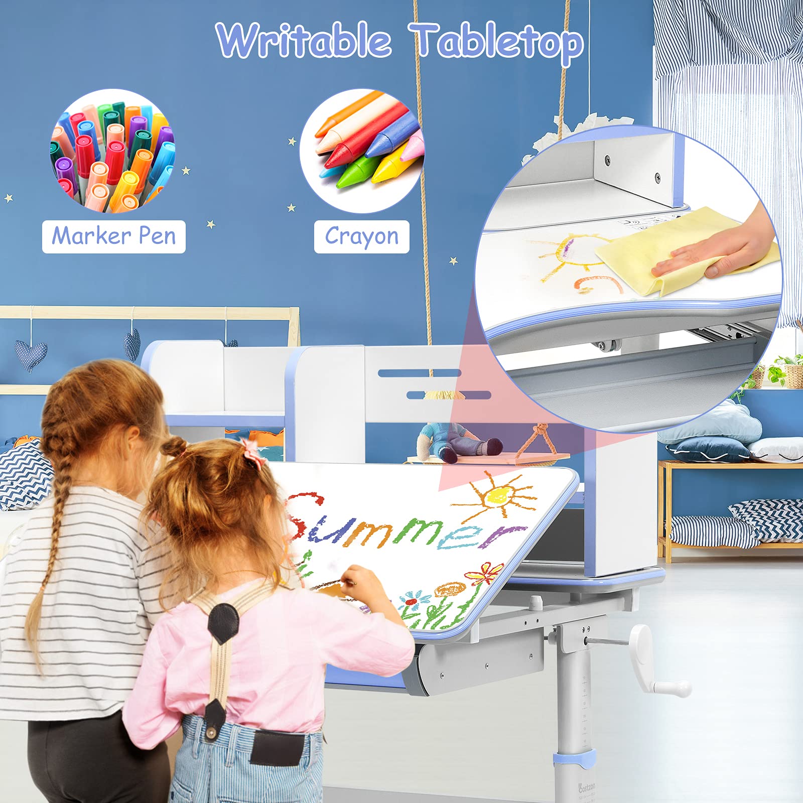 Costzon Kids Desk, Height Adjustable Children Study Desk w/Tilt Desktop, Storage Drawer, Book Shelf, Metal Hook, Writable Tabletop for Writing, Painting, Reading, Multifunctional Student Desk, Blue
