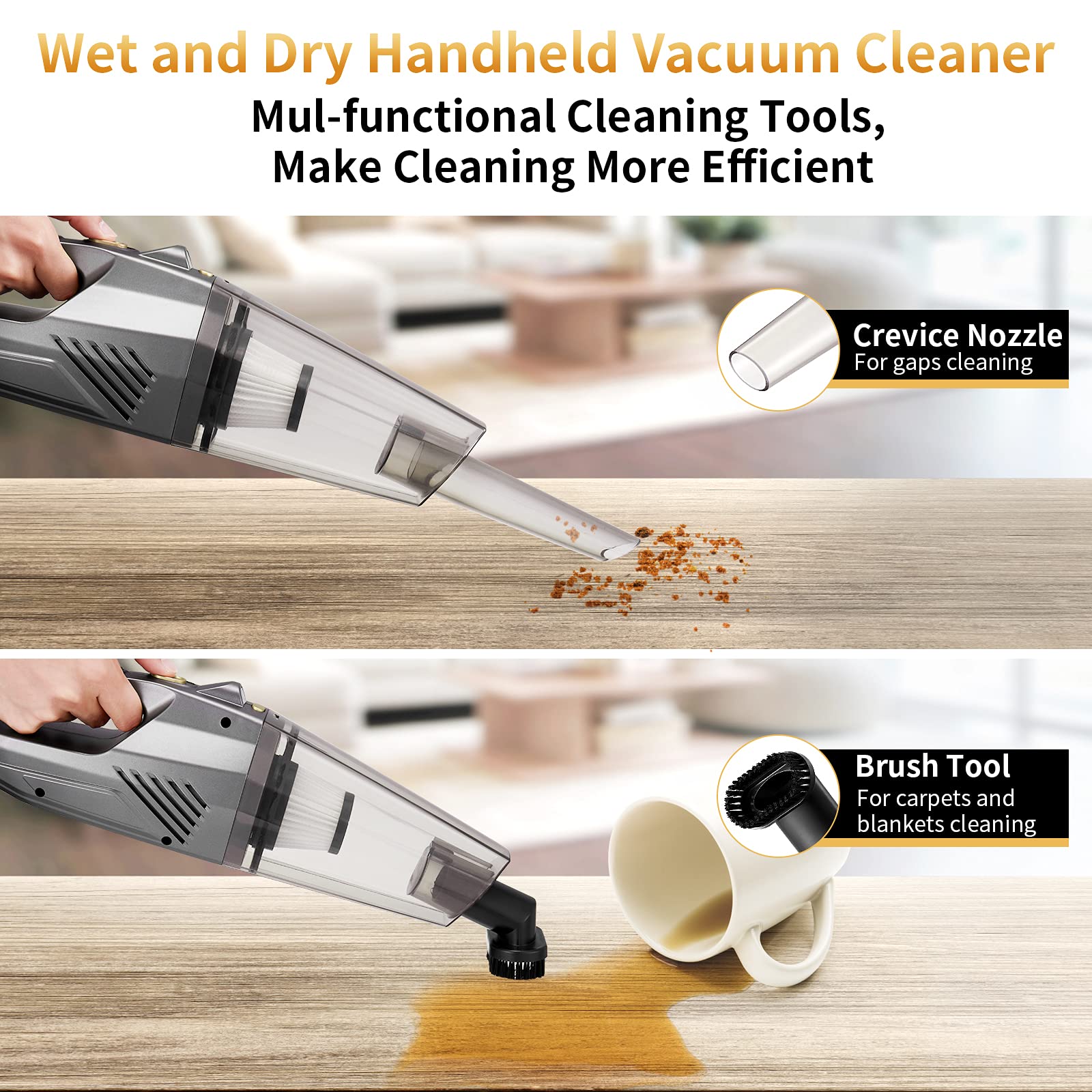 KOHUIJOO Cordless Handheld Vacuum Cleaner, Car Vacuum Cleaner Cordless, Dust Busters Cordless Rechargeable Small Portable Cordless USB Handheld Vacuum for Home and Car Cleaning with LED Light Gray