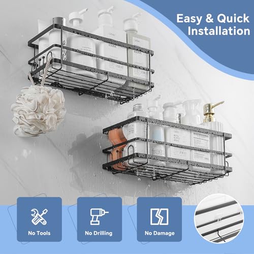 Dau Dau Shower Caddy Shelf Organizer, 2 Pack Shower Caddy with Hooks, No Drilling Stainless Steel Shower Shelf for Bathroom, Kitchen and Dorm,Wide-Rimmed Design Thickened Material