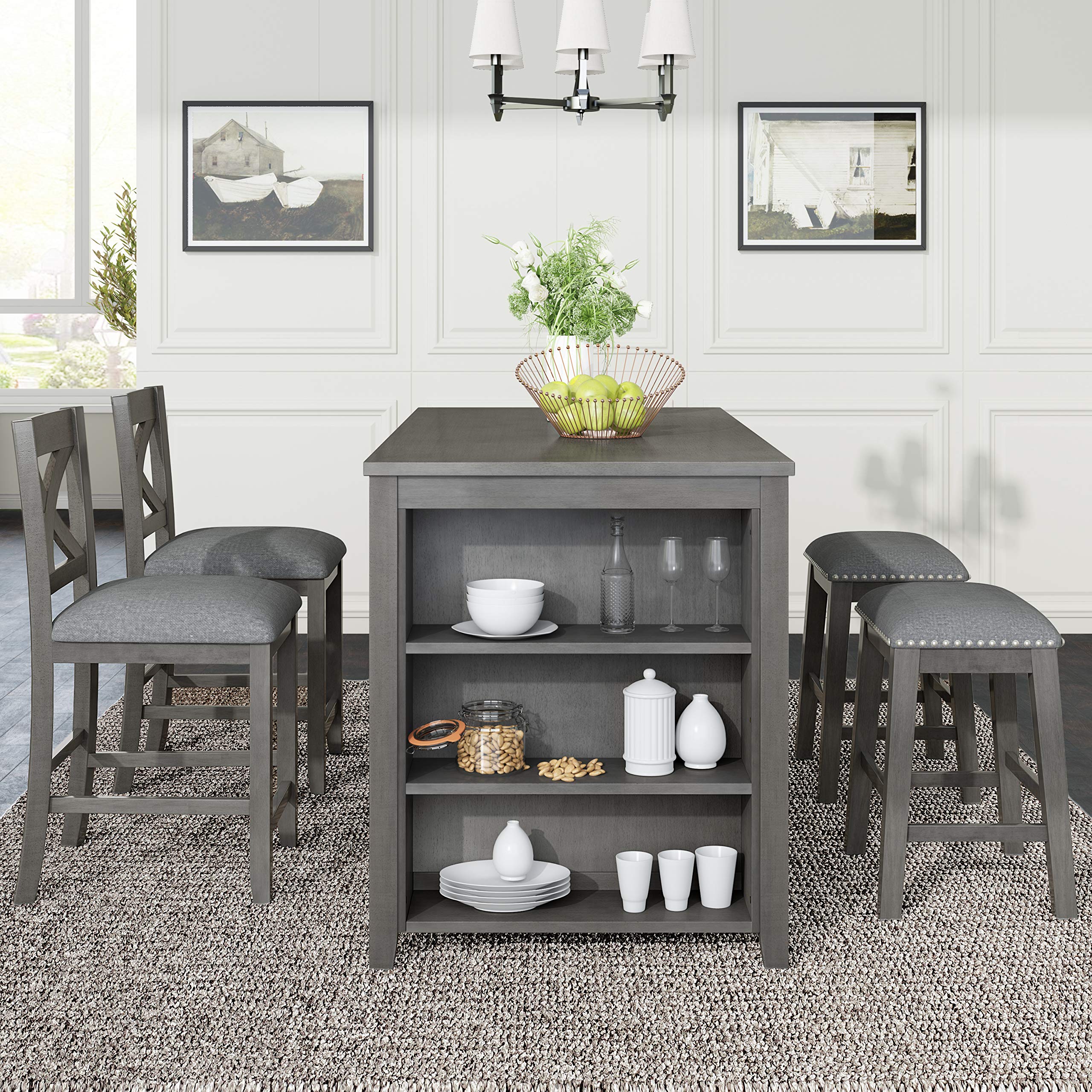 Bellemave 5 Pieces Counter Height Dining Table Set for 4,Rustic Farmhouse Wooden Bar Table Set with 3-Tier Shelf, 2 Stools and 2 Chairs for Kitchen Dining Room(Grey)