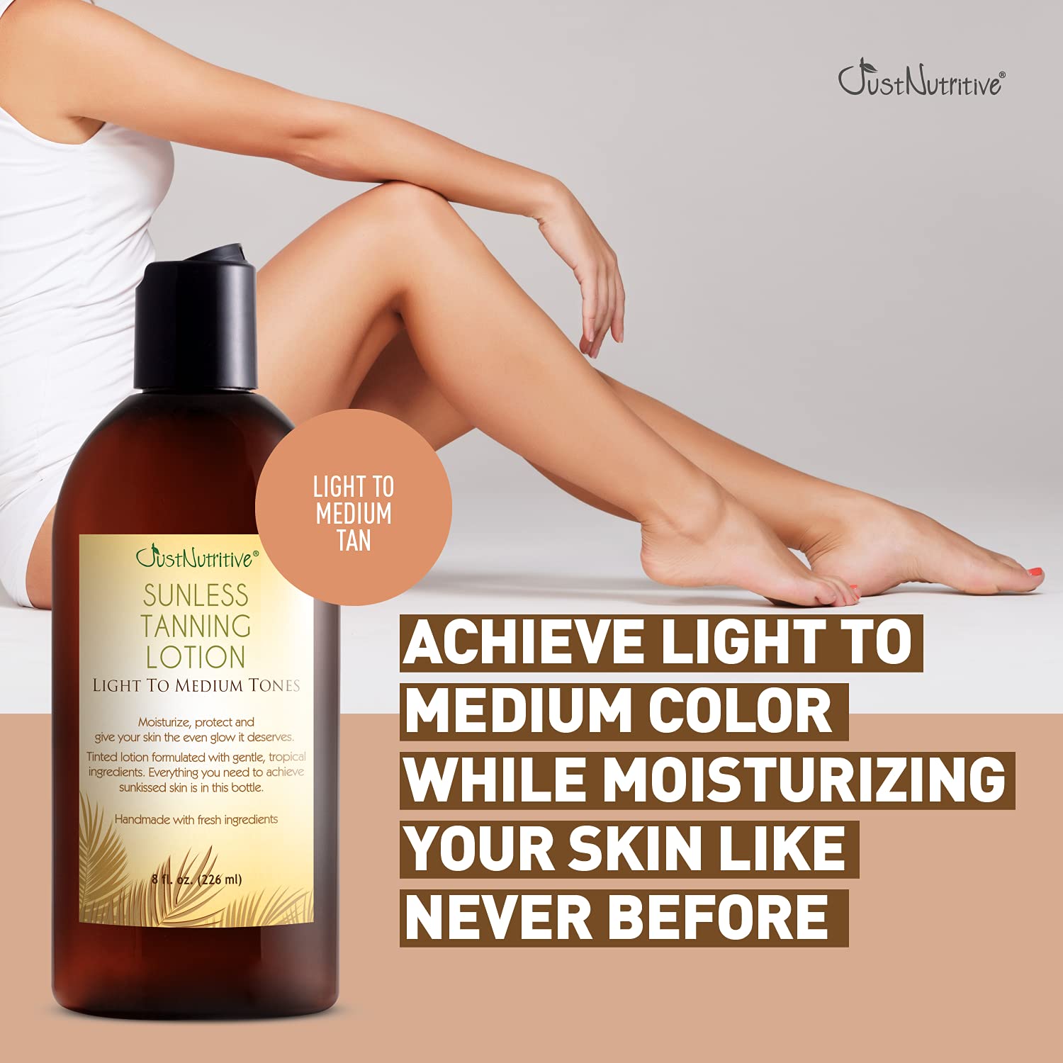 Sunless Tanning Lotion - Light to Medium tones | Indoor Self- Tanner | Body Tanning Lotion | Sun- Kissed Glow| Bronzer Lotion For All Skin Types |Just Nutritive | 8 Oz