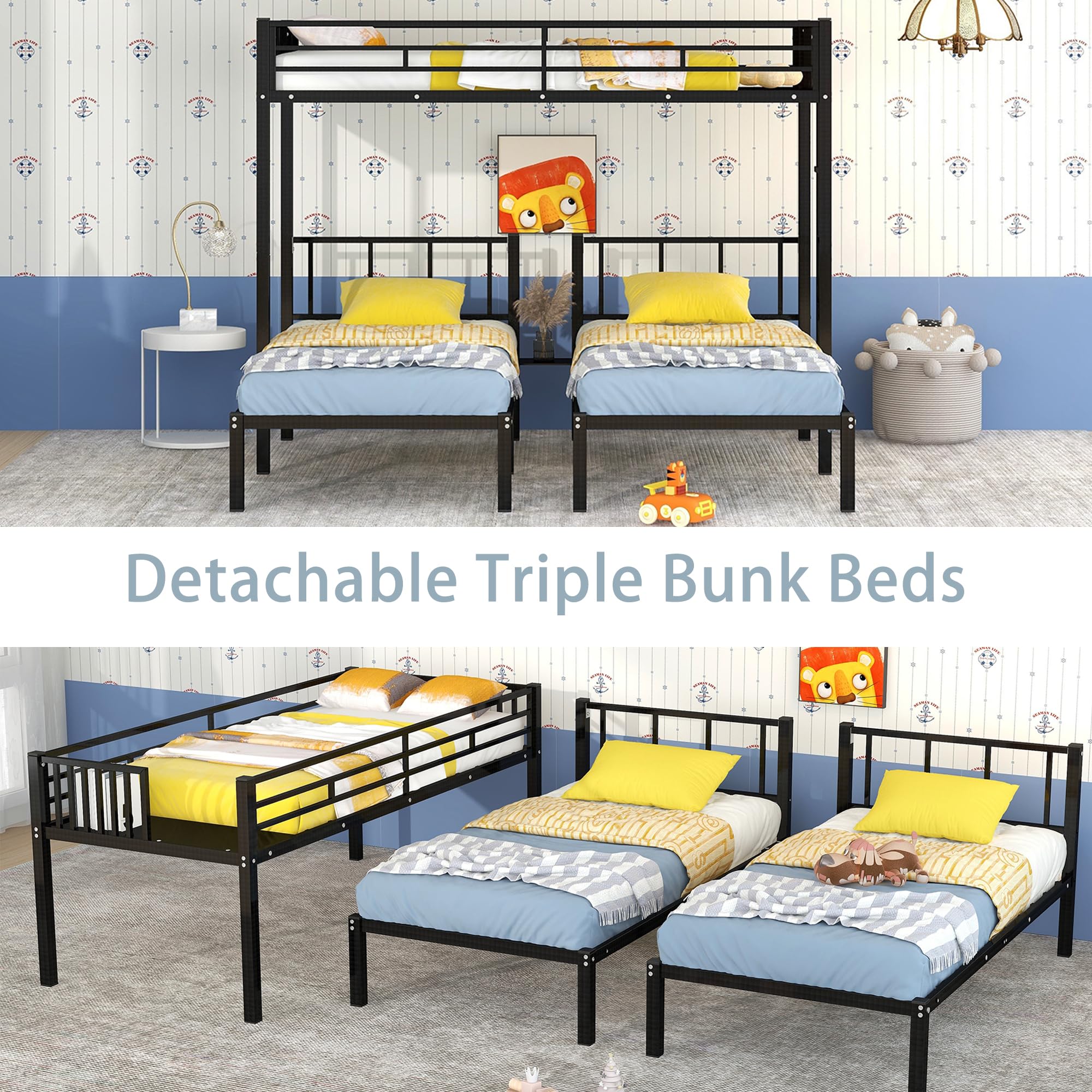 Bellemave Metal Twin Triple Bunk Bed for 3 Kids,Twin Over Twin Over Twin Bunk Beds with Built-in Shelf,Separates Into 3 Twin Beds,Noise Reduced Structure,White