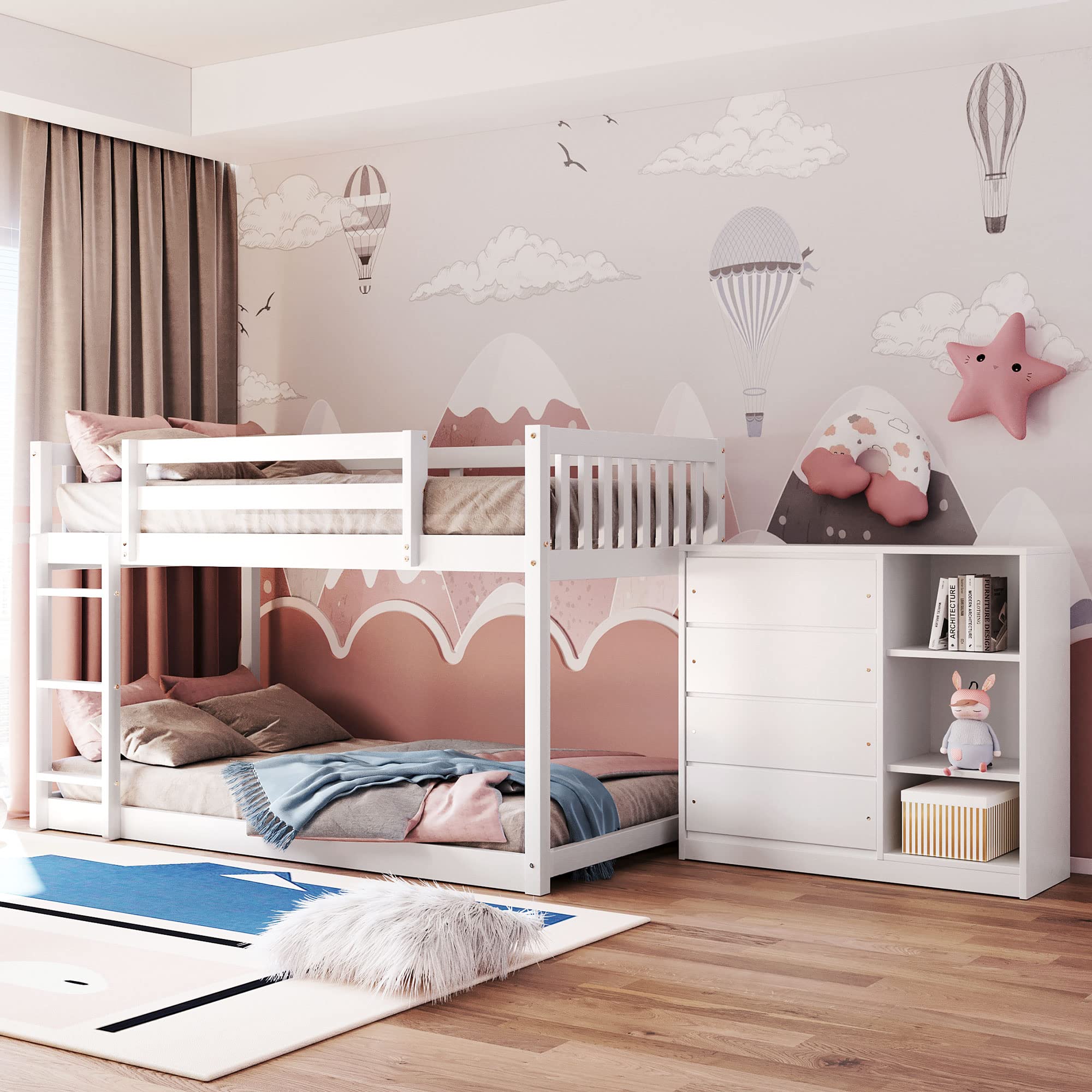 Harper & Bright Designs Twin Over Twin Bunk Bed with Storage, Wood Floor Bunk Beds with 4 Drawers and 3 Shelves, Low Bunk Bed, Twin Loft Bed for Kids, Girls Boys, Teens, Adults (White)