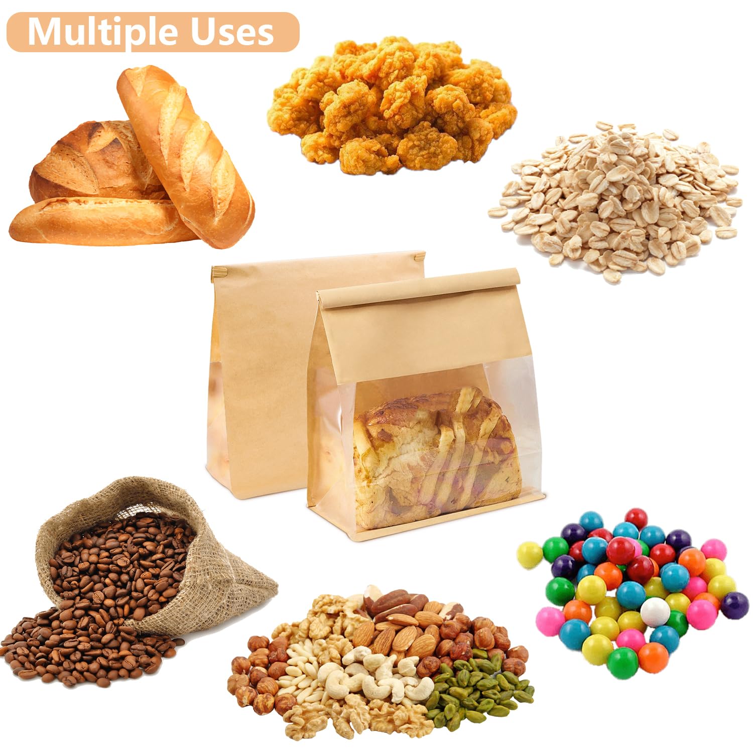 Heavy Duty Large Kraft Paper Bread Bags with Tin Tie Tab Lock 50pcs, Loaf Bag with Clear Front Window, Storage Packaging Treat Bag for Bakery Cafe Homemade Bread 10.6” × 4.3” × 8.7”