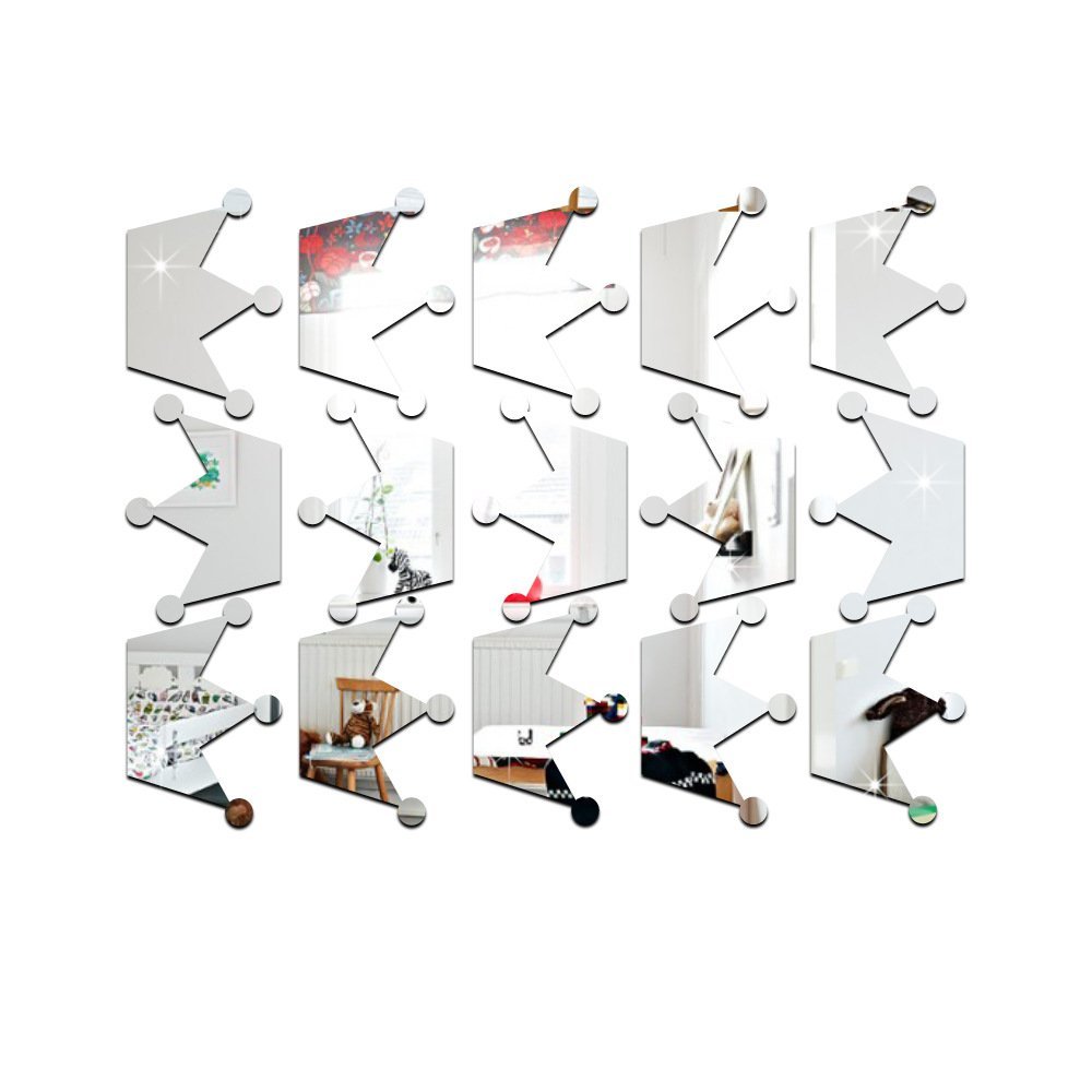 ufengke 15-Pcs 3D Silver Princess Crown Mirror Effect Wall Decals,Children's Room Nursery Removable Wall Stickers Murals