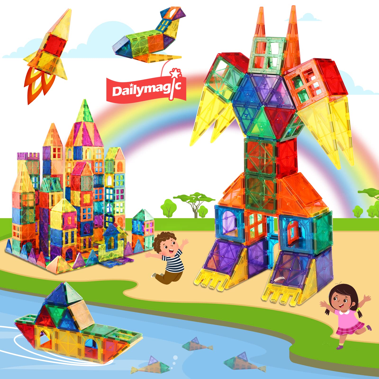 DAILYMAGIC Magnetic Tiles, 120 PCS Kid Magnet Building Toy, 3D Magnetic Block Set with STEM Preschool Education, Excellent for Boys Girls Toddlers