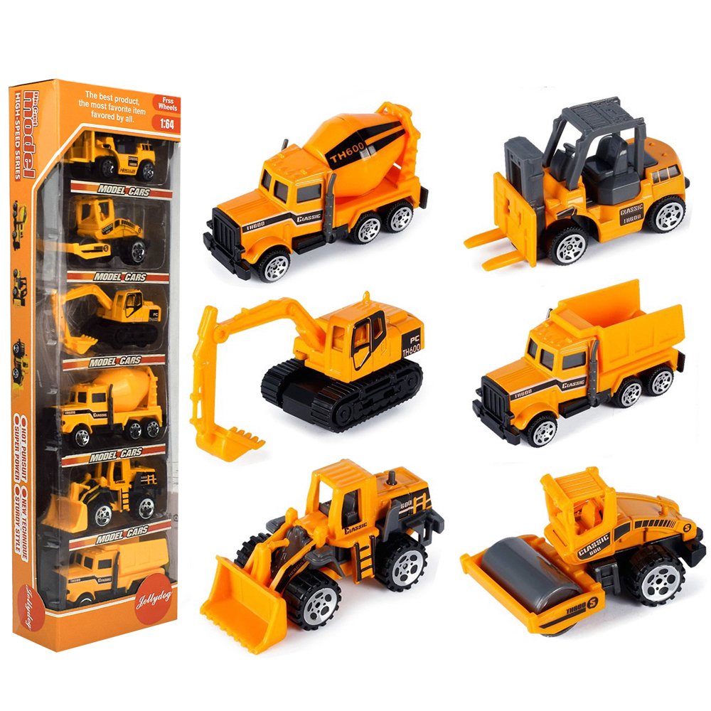 Jellydog Toy Small Construction Trucks , Kids Construction Vehicles Toy, Friction Powered Kids Dumper Truck, Bulldozers,Forklift,Tank Truck, Asphalt Car, Excavator Toy for Children