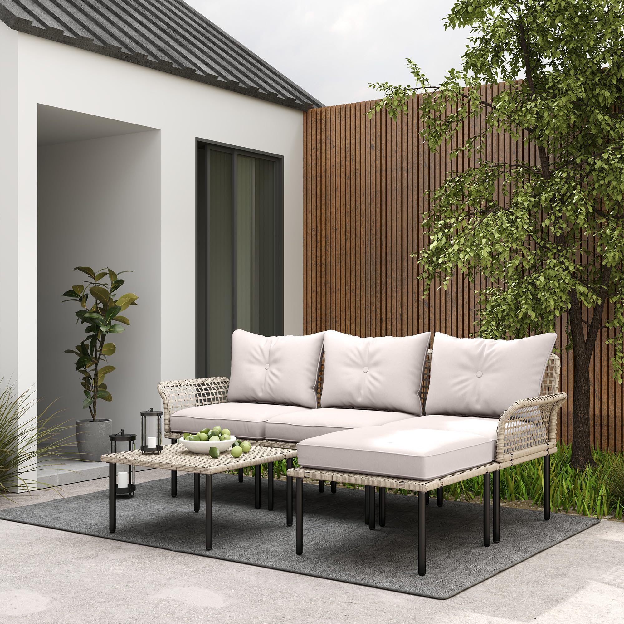 Outsunny 5 Piece Patio Furniture Set, Outdoor Conversation Set with L-Shaped Sofa, Cushions, for Backyard, Lawn and Pool, Cream White