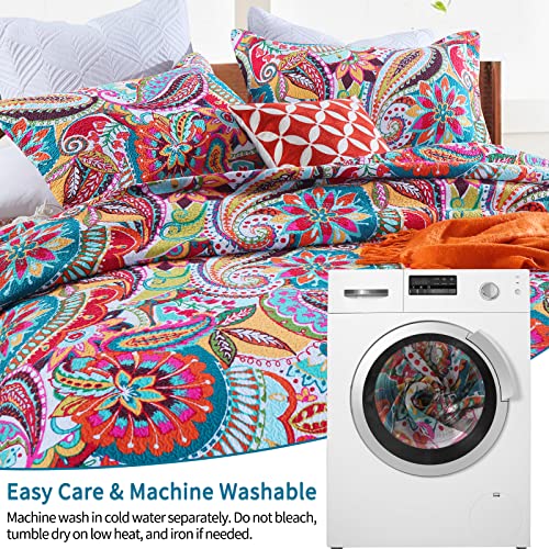 Qucover Quilt Sets Queen, 3-Piece Multicolor Paisley Cotton Queen Bedspread Quilt with 2 Pillow Shams, Patchwork Coverlet Set (Queen 90x98)