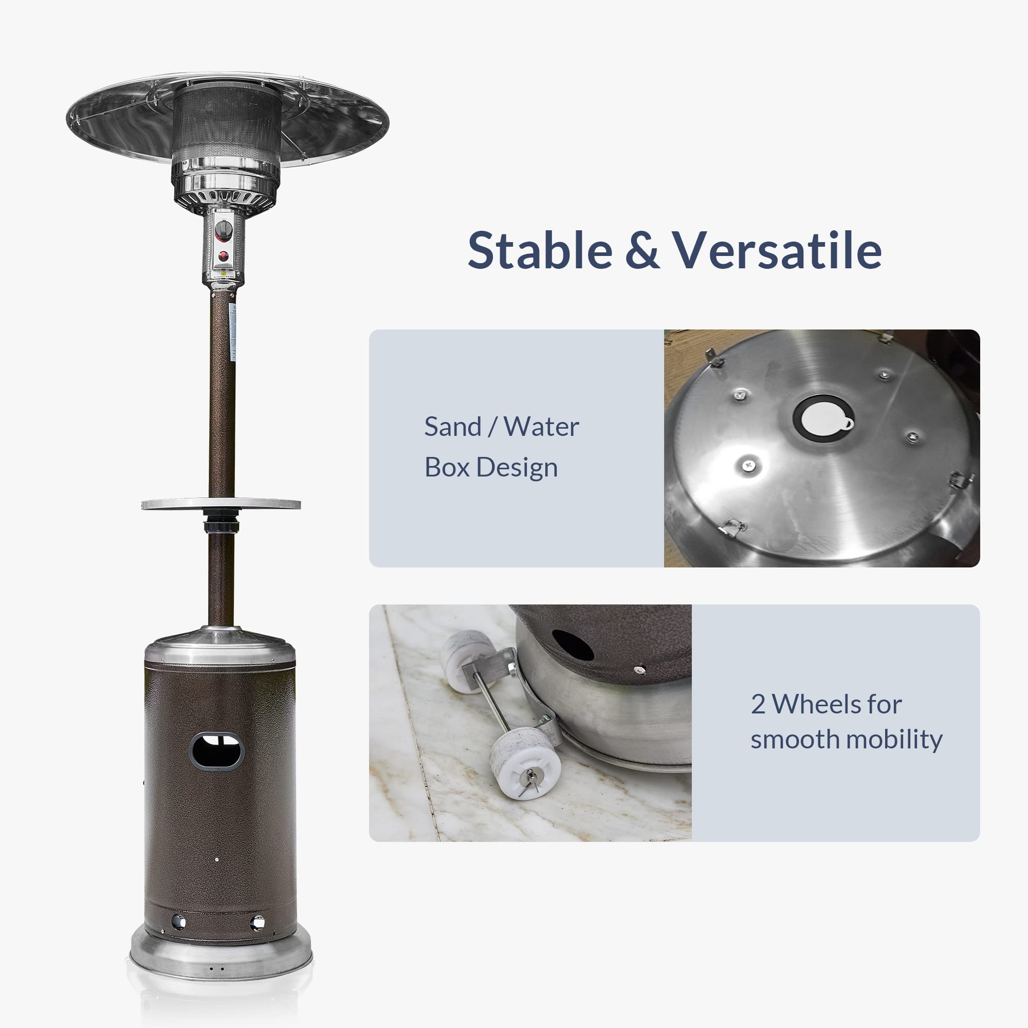 BELLEZE 48,000 BTU Outdoor Propane Heaters for Patio, CSA Certified Outdoor Heaters with Safety Auto Shut Off Valve, Piezo Ignition System, Wheels for Portable Mobility, Hammer Finished - Bronze
