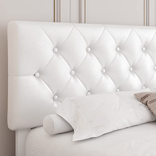 Queen Bed Frame with Storage and Adjustable Headboard, Bed Frame with 4 Drawers and Wooden Slats Support, No Box Spring Needed, PU, White