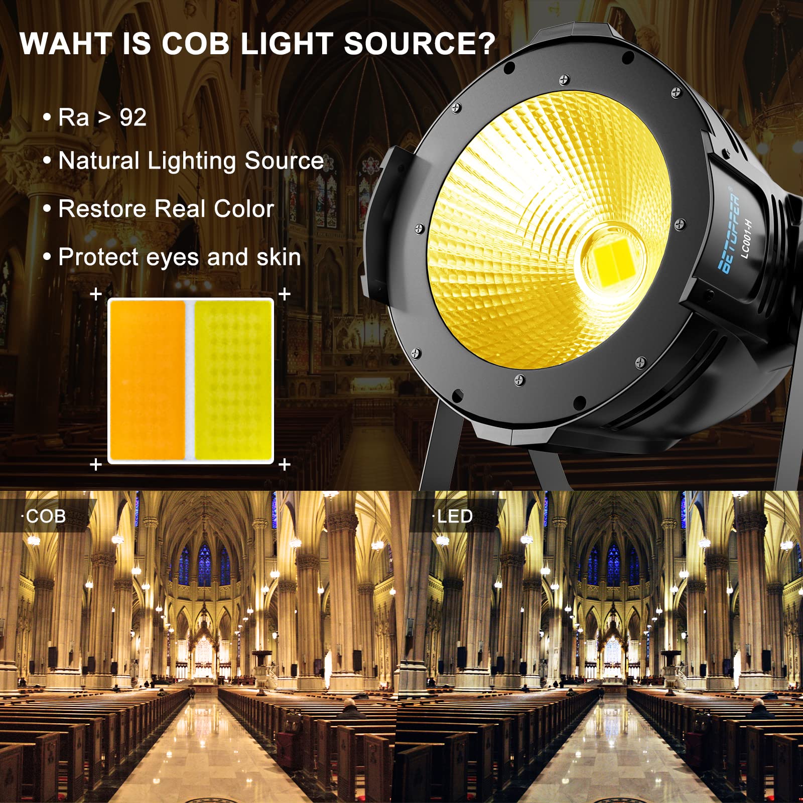 BETOPPER Stage Spotlights, 100W LED DMX Lights, Warm & Cold White Spot Lights COB Stage Lighting, Strobe Lighting for Church, Parties, Wedding, Theatre, Live Events, Stage etc.(1 Pack)