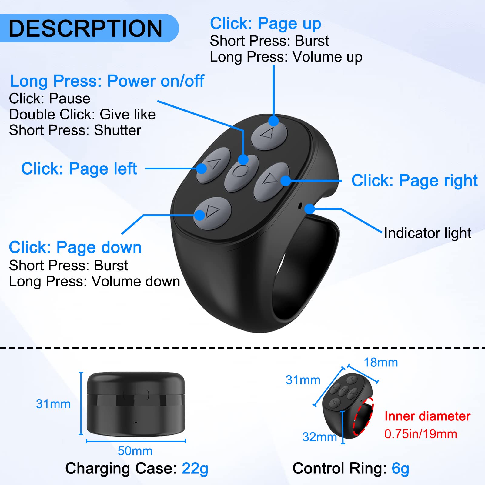 Bluetooths Control for Tiktok,Page Turner for Kindle App and E-Book,Camera Video Remote Recording,Scrolling Ring for Short Video iPhone, iPad, iOS, Android - Black