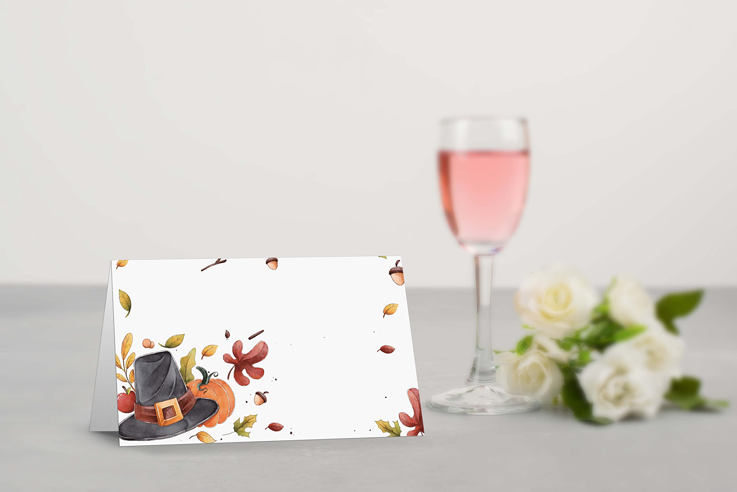 Table Place Card, Fall Thanksgiving Themed Tent Style Cards, Pack of 25 Half-Fold Reception Place Card with Top Hat and Pumpkin, Perfect for Thanksgiving Dinner, Party, Birthday, Wedding, Banquet A09