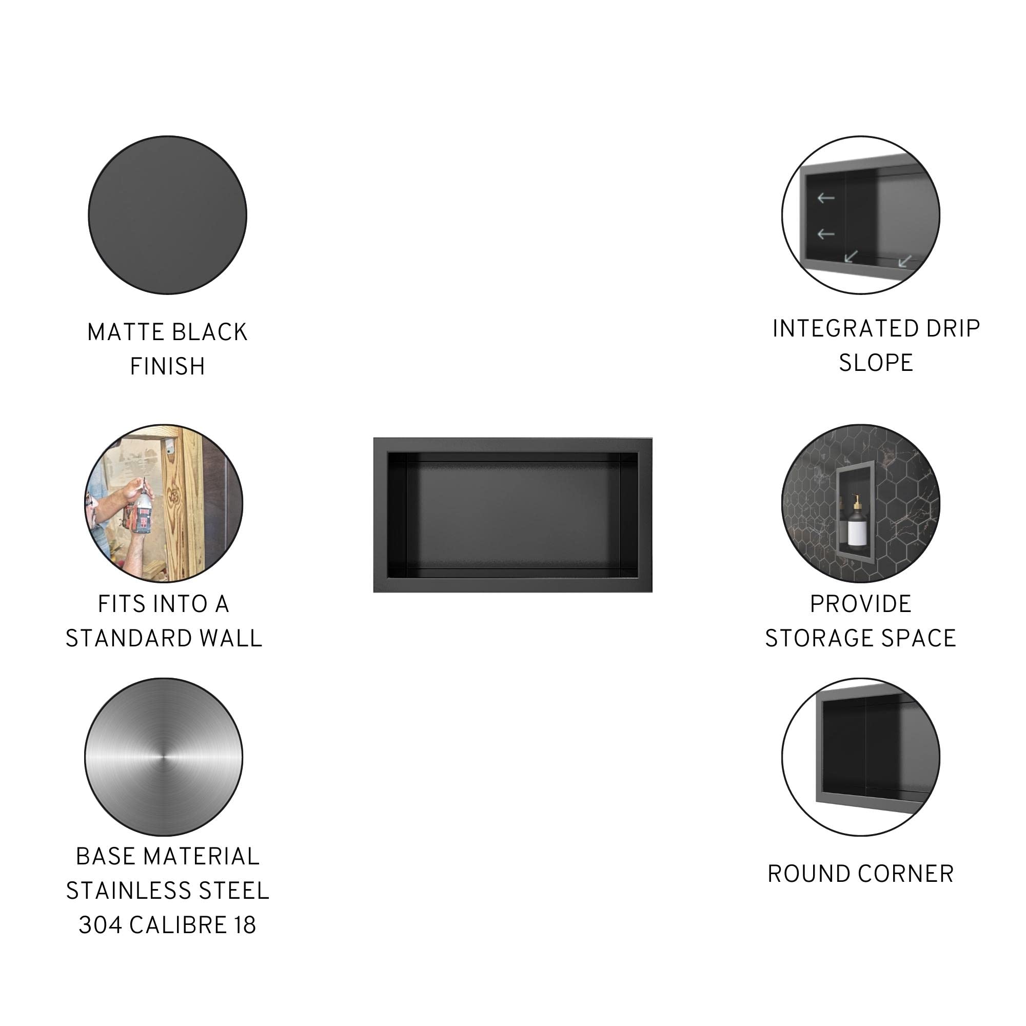 Odass | Shower Niche | 12" X 6" | NO Tile Needed | Rectangular Stainless Steel #304 Niche | Matt Black Recessed Single Shelf Organizer | Bathroom Storage for Shampoo Bottle