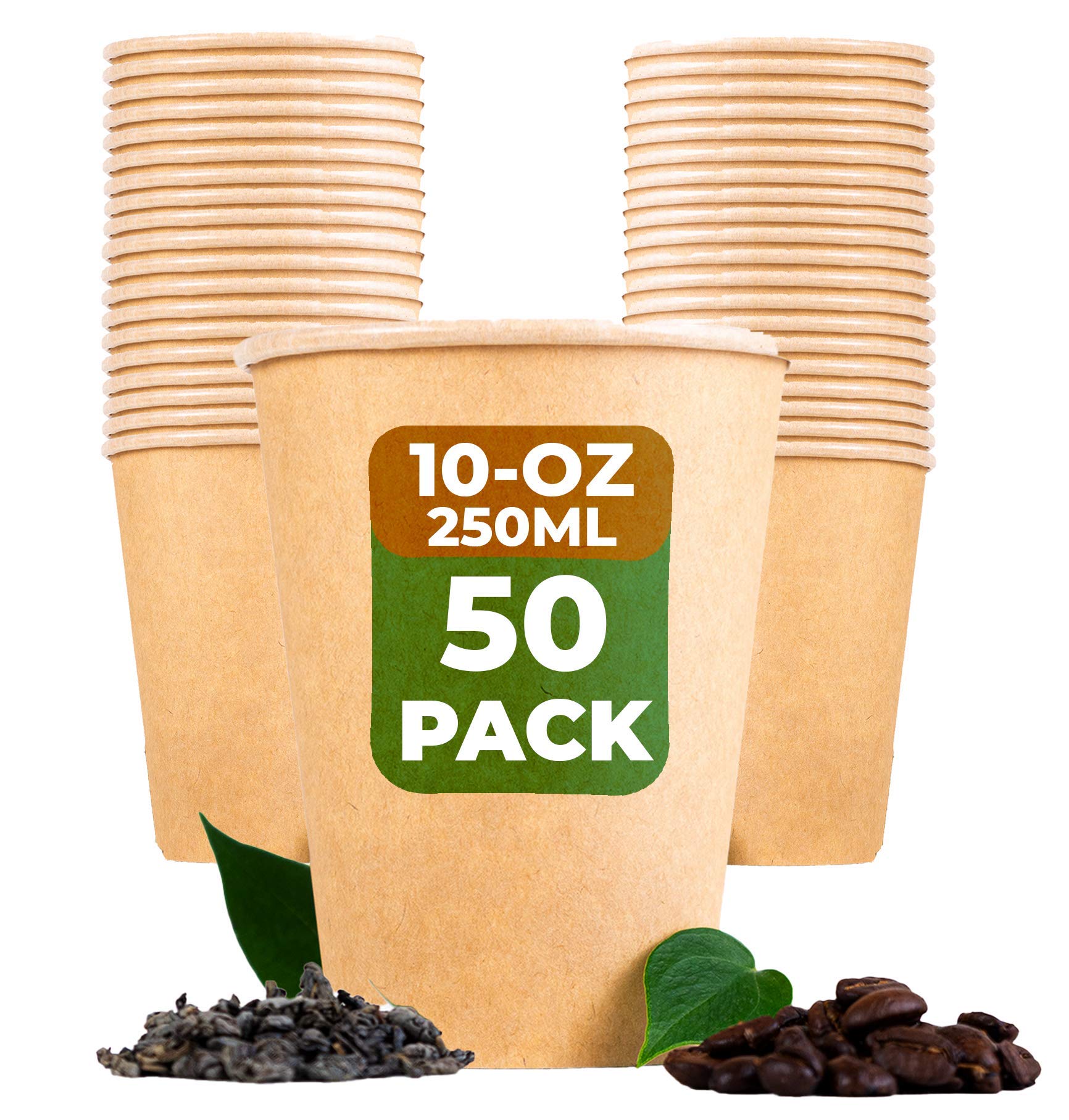 Beeleeve [50-Pack Super Strong 100% Compostable Coffee and Tea Cups - Eco - Biodegradable - Disposable Rigid Containers for Office, Party & Wedding - Brown Kraft Paper, PLA Coating (250ml / 10oz)