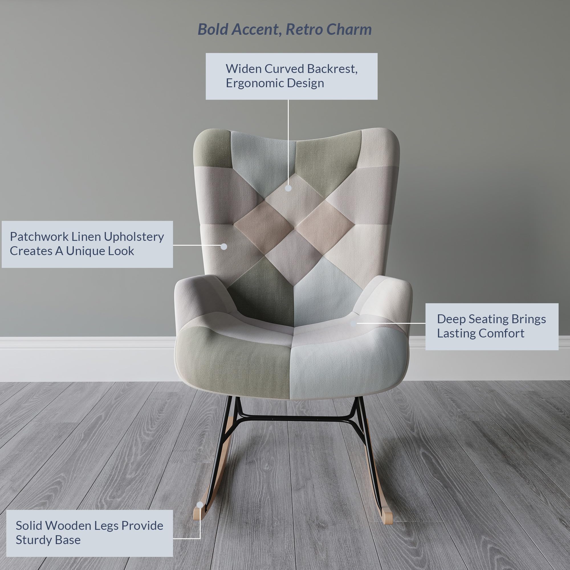 BELLEZE Colorful Patchwork Rocking Chair, Widen Nursery Rocking Chairs Comfy Linen Upholstered Glider Rocker with Solid Wood Legs for Living Room Bedroom Nursery - Paramount (Patchwork A)