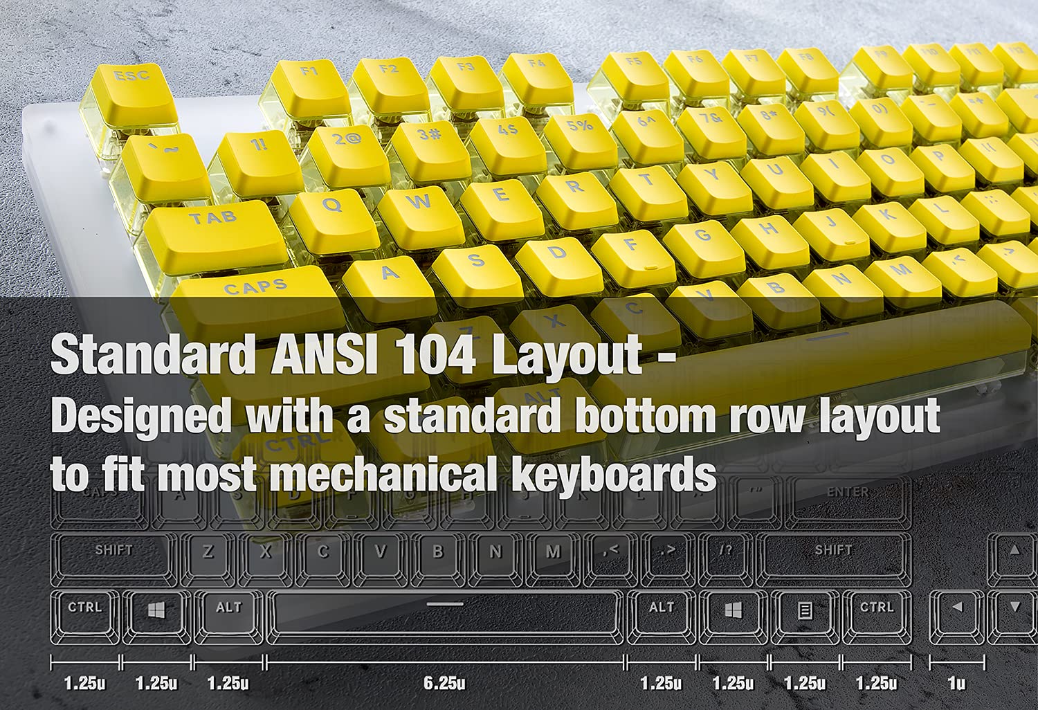 GUNMJO Crystal Pudding Keycap for Gaming Keyboard with Cherry MX Switches, ABS Translucent Keycaps for Backlit Mechanical Keyboard, OEM Profile 104 Keys with 6.25U Space Bar, Painted Yellow Color