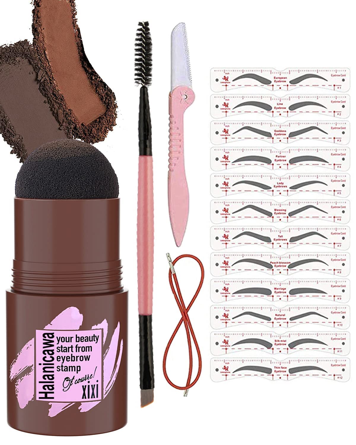 Eyebrow Stamp & 30 Eyebrow Stencils Kit, One Step Eyebrow Shaping Kit, Professional Brow Powder Stamp, Waterproof Long-Lasting Eyebrow Definer Makeup(Light Brown)