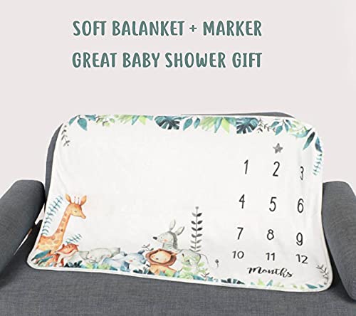 Popfavors, Yuzioey Safari Baby Monthly Milestone Blanket, Jungle Animals Baby Month Blanket , Baby Boy Blanket Growth Chart Nursery Decor, Includes Marker, White, 50Inx40In