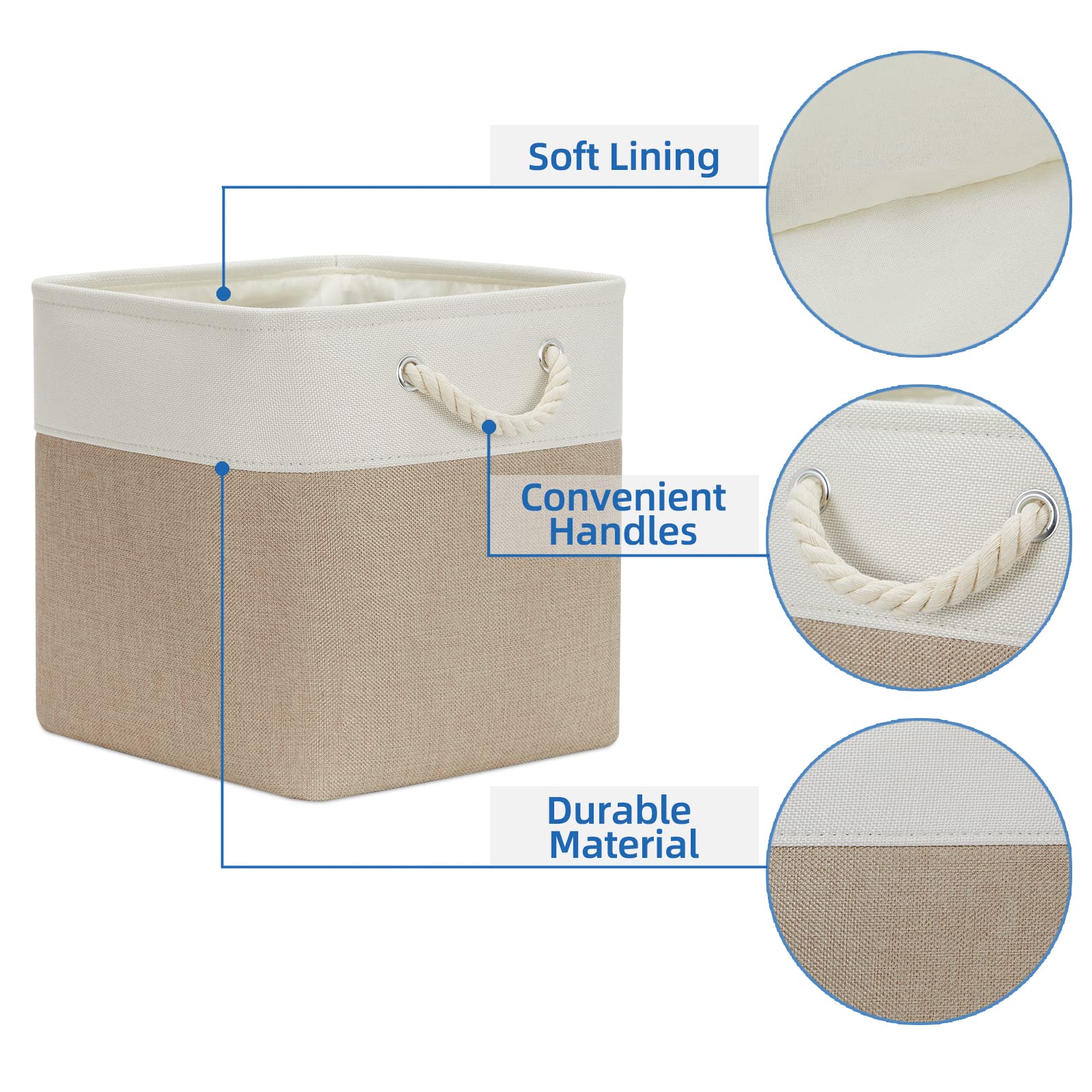 Temary 4 Pack Cube Storage Bins Cloth Baskets for Shelf, Fabric Storage Cubes 12 x 12 Baskets Gift Empty Baskets with Handles, Baskets for Storage (White&Khaki)