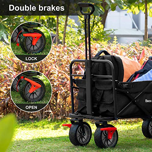 BEAU JARDIN Collapsible Folding Beach Wagon Cart 350lbs Foldable All Terrain Wagon 100L Utility Camping Grocery Portable Outdoor Garden Sport Shopping Heavy Duty Push Pull Wagon Black