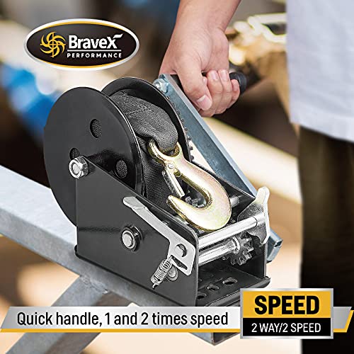 Bravex Boat Trailer Winch 3500lbs with 33ft Strap, Heavy Duty Hook Portable Hand Winch, Two Way Ratchet Manual Winch for SUV ATV UTV for 4:1/8:1 Gear Crank Winch (3500lb with Cable Black Winch)