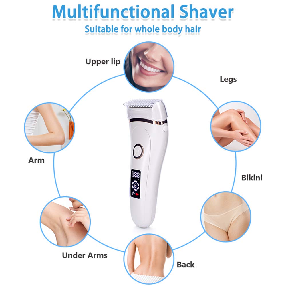 Electric Lady Shaver Bikini Trimmer, Wet & Dry Rechargeable Cordless Painless Electric Razor for Women, LED Display Razor for Legs Underarms (White)