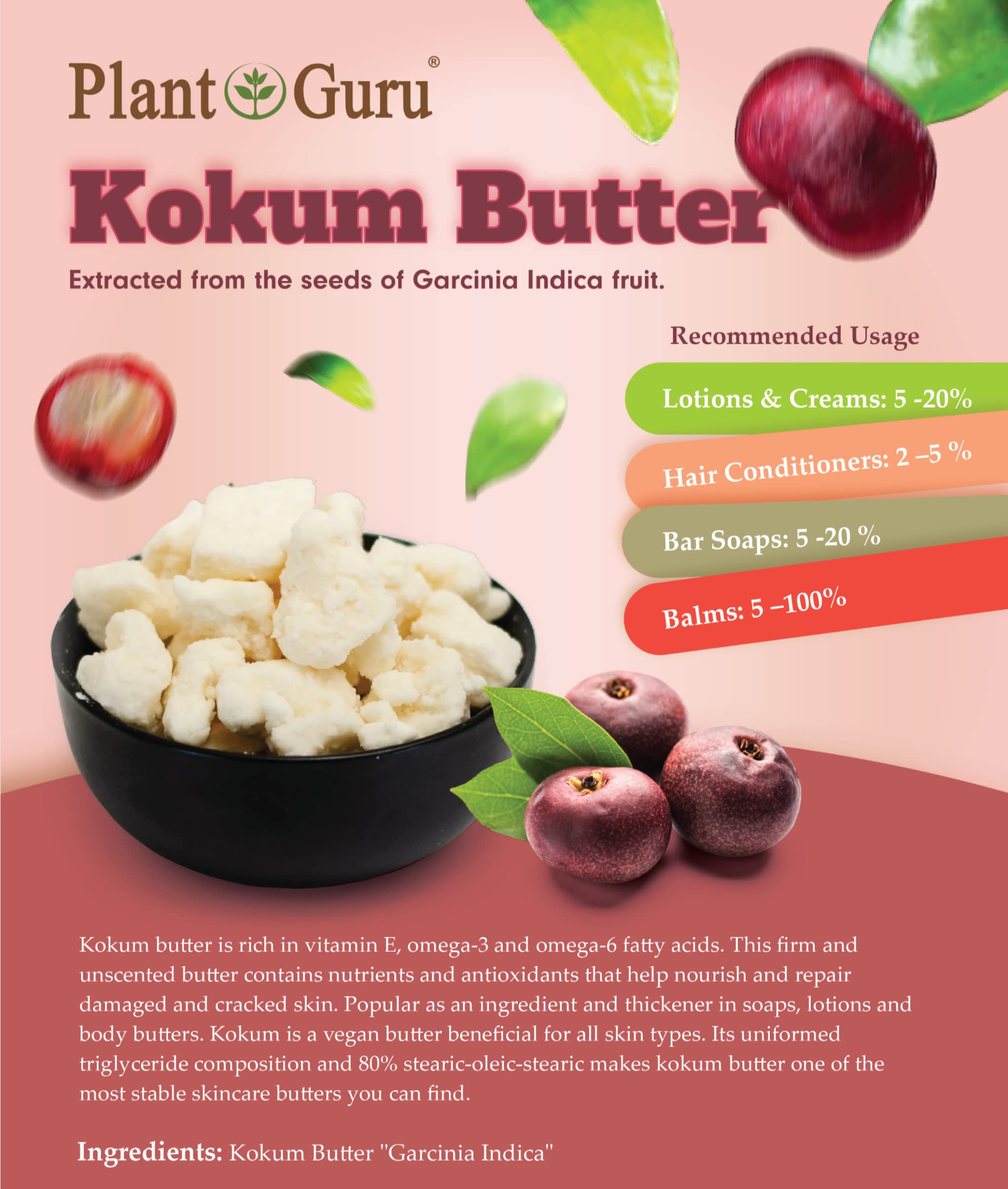 Raw Kokum Butter 3 lbs. Bulk 100% Pure Natural - Great for Skin, Body and Hair Moisturizer, DIY Creams, Balms, Lotions and Soap Making.
