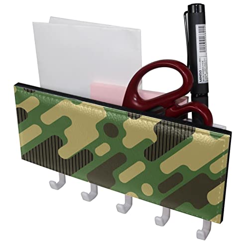 Camouflage Mail Holder Organizer and Key Hooks PU Front, Self Adhesive Key Rack with 5 Hooks Perfect for Entryway, Hallway,Bathroom ,Kitchen