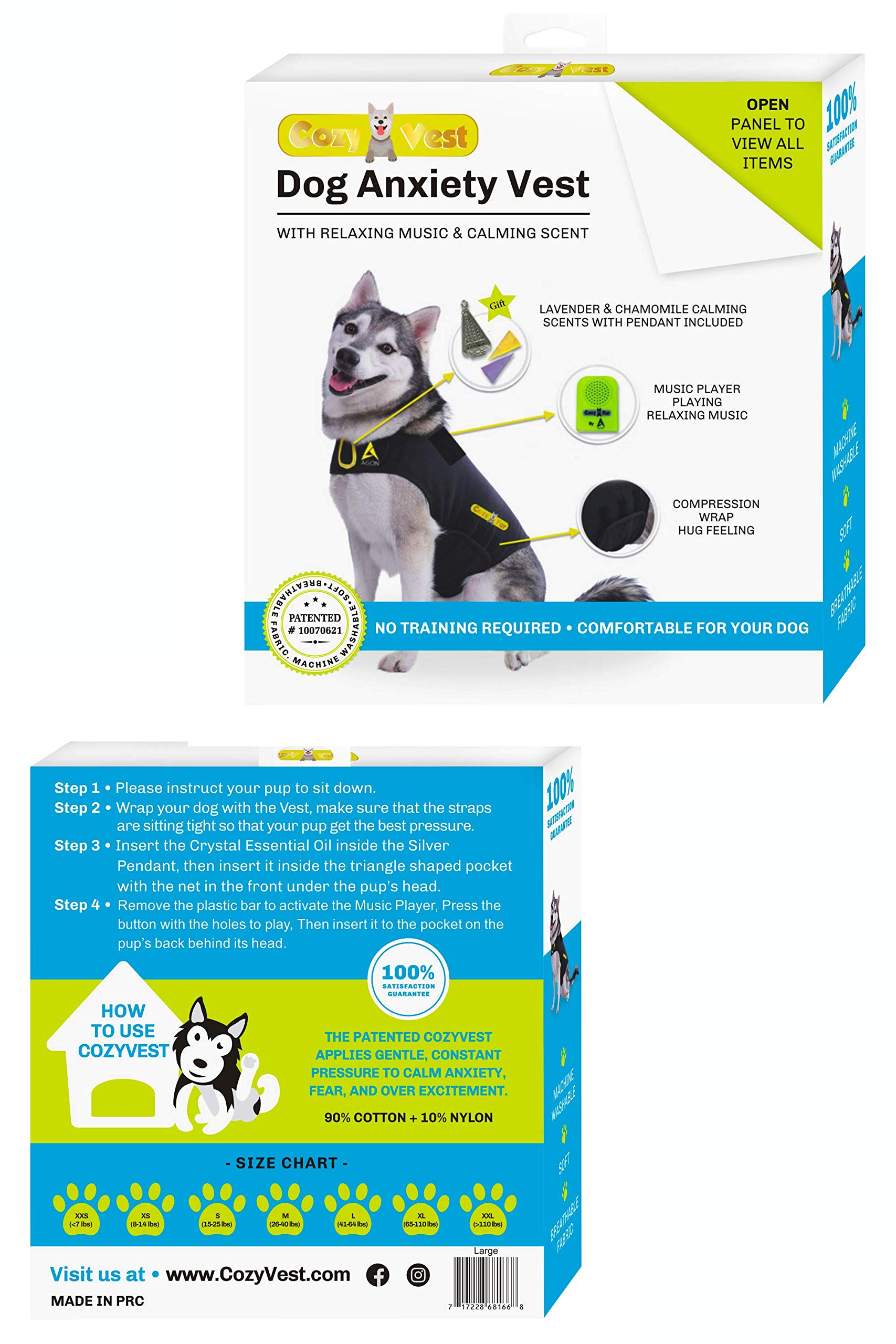 CozyVest® Dog Anxiety Vest 3-in-1 Music & Aromatherapy Shirt, Relaxing Sound & Essential Oils Jacket, Fireworks Thunder Separation & Thunderstorm Canine Stress Relief Coat (Gray, Large [41-64 Lbs])