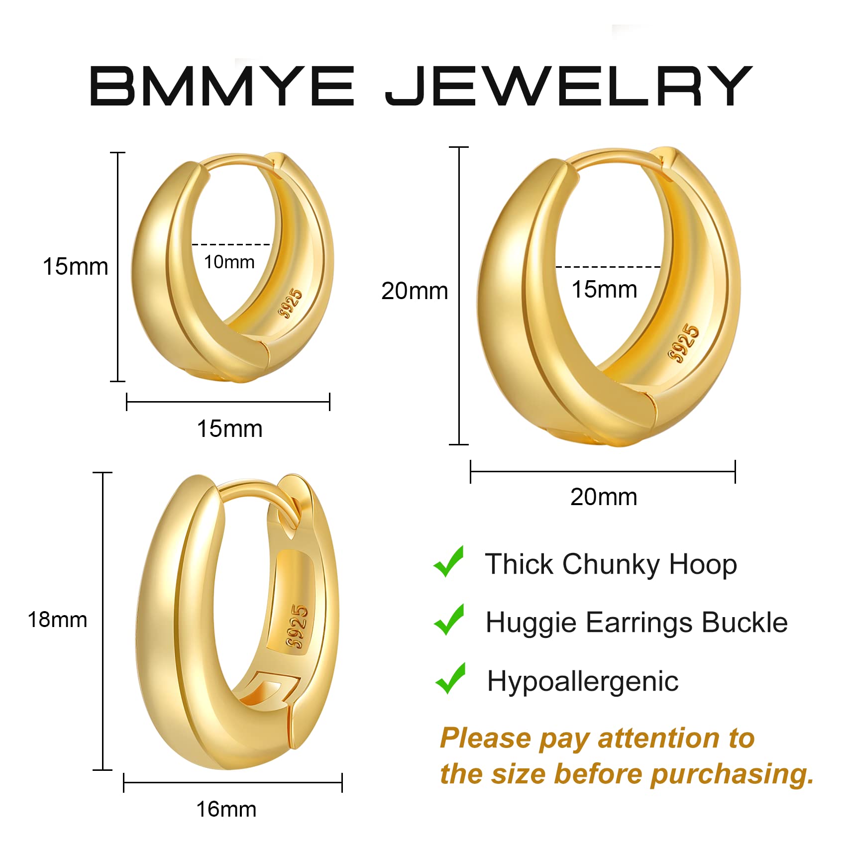 BMMYE Chunky Gold Hoops Small Huggie Earrings for Women, Thick Silver Hoop Earrings Set Hypoallergenic Earrings