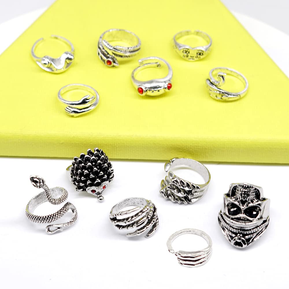 ASHMITA 12 PCS Silver Frog Ring Set Cute Animal Adjustable Rings Vintage Pairing Ring Snake, Hug, Lucky Face Eagle Claw Ring Gifts for Women Men