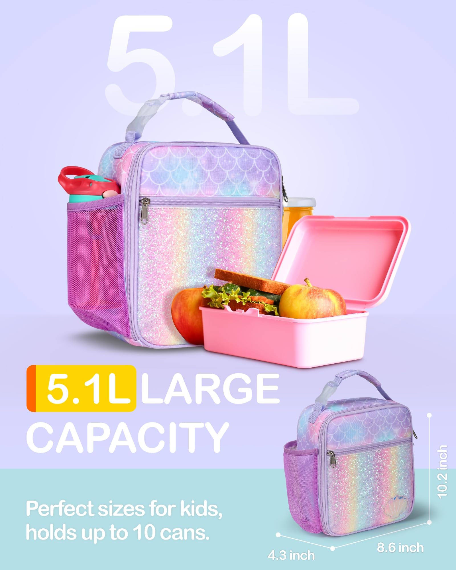 Bagseri Kids Lunch Box Insulated - Lunch Box Bag for Girls, Portable Reusable Toddler Lunch Cooler Bag for School, Water-resistant Lining (Purple, Glitter Mermaid Scale)