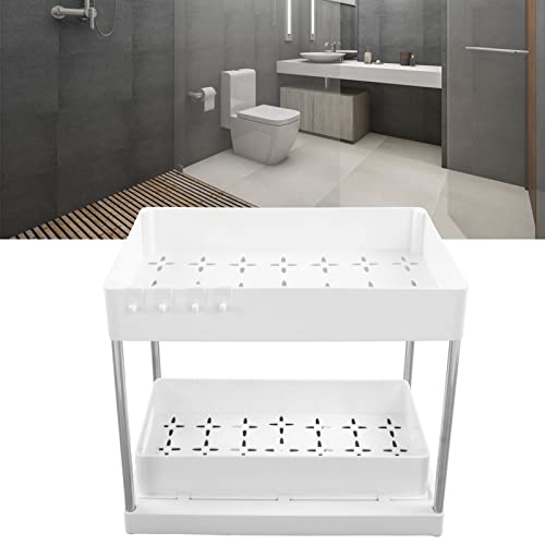 Bonwuno Under Sink Organizer Large Capacity, 2 Tier Slide Out Cabinet Basket Organizer, Cabinet Storage Shelves with Hooks,for Bathroom Kitchen Laundry (White)