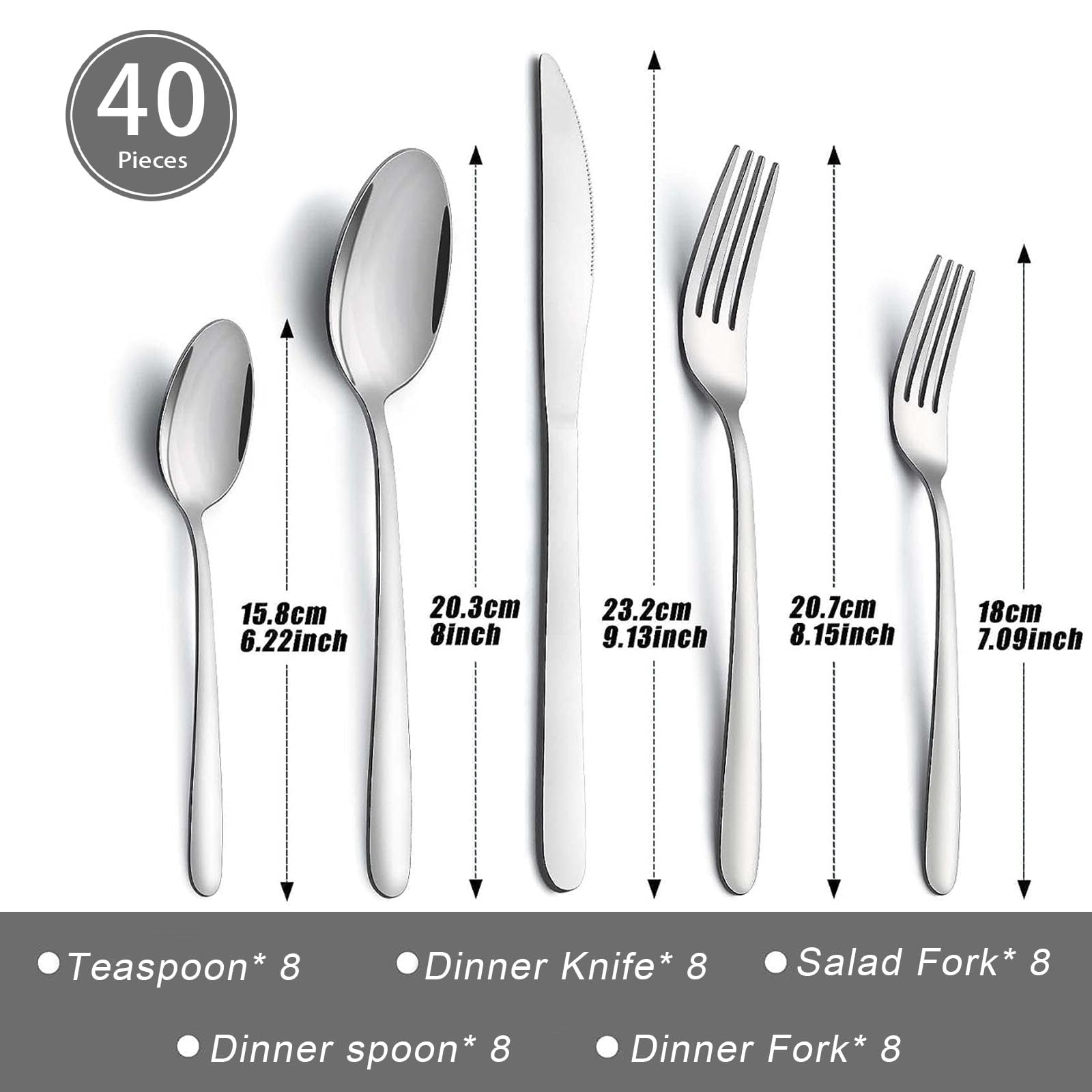 APEO 40 Piece Stainless Steel Silverware Set for 8, Premium Polished Flatware Sets, Forks Spoons and Knives Set, Food-Grade Cutlery Set for Home Kitchen Restaurant Hotel, Dishwasher Safe Utensils Set