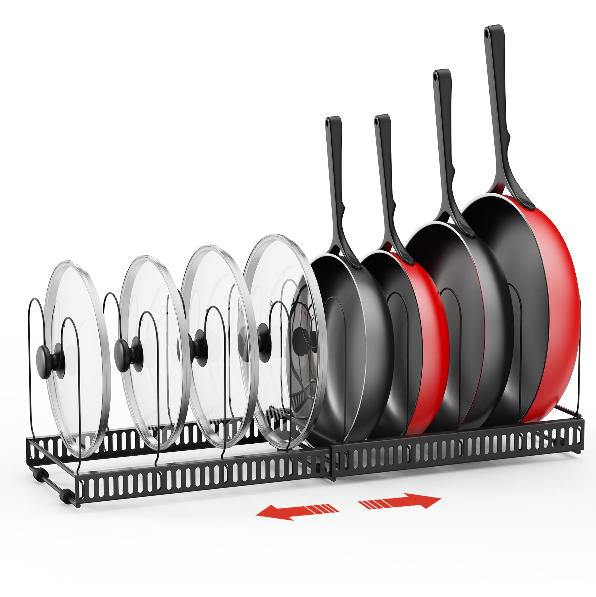 Bellsal Expandable Pots and Pans Organizer Rack for Cabinet, 10+ Adjustable Pot Lid Organizer Rack Holder, Kitchen Cabinet Pantry Pan Organizer Black