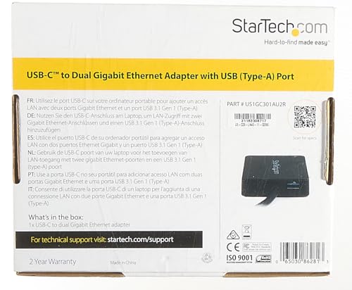 StarTech.com USB-C to Dual Gigabit Ethernet Adapter with USB 3.0 (Type-A) Port - USB Type-C Gigabit Network Adapter (US1GC301AU2R)